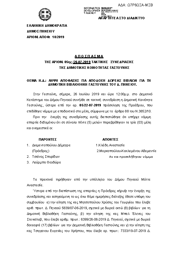10/2019 ΑΠΟΦΑΣΗ Δ.Κ. ΓΑΣΤΟΥΝΗΣ: ΛΗΨΗ ΑΠΟΦΑΣΗΣ ΓΙΑ ΑΠΟΔΟΧΗ ΔΩΡΕΑΣ ...